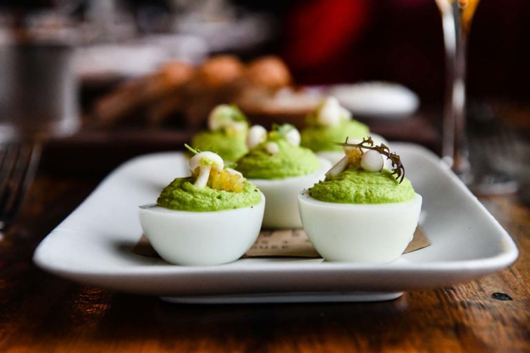 English Pea Deviled Eggs - Edible Sacramento